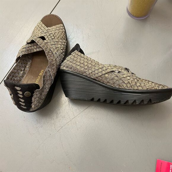 bernie mev. | Shoes | Bernie Mev Gold Elastic Open Toe Wedge Slipon ...